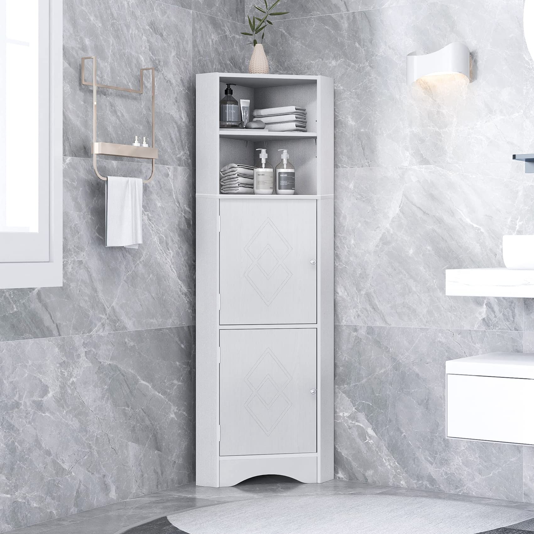 ANTSKU Tall Bathroom Corner Cabinet, Corner Bathroom Storage Cabinet with Doors and Adjustable Shelves, Slim Bathroom Floor Corner Cabinet for Kitchen, Bathroom, Living Room (White)