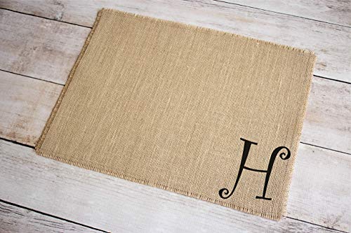 Customized Monogrammed Burlap Placemats - set of TWO 14" x 18" Farmhouse Kitchen Jute Place Mats - Made in the USA (H monogram)