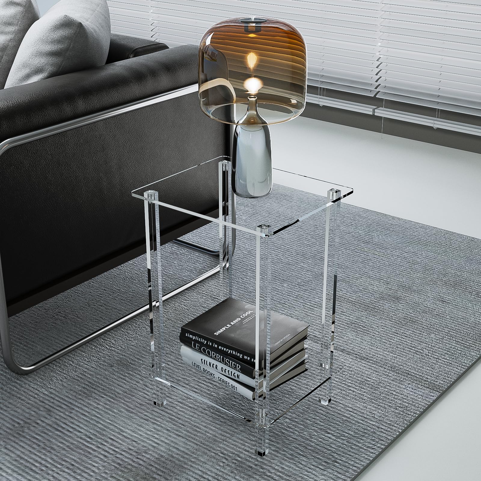 Eglaf Acrylic Small Side Table with Square Leg - 13.4'' L x 11.5'' W x 19.6'' H - Small Nightstand Bedside Table 2-Tier Clear End Table for Living Room, Bedroom