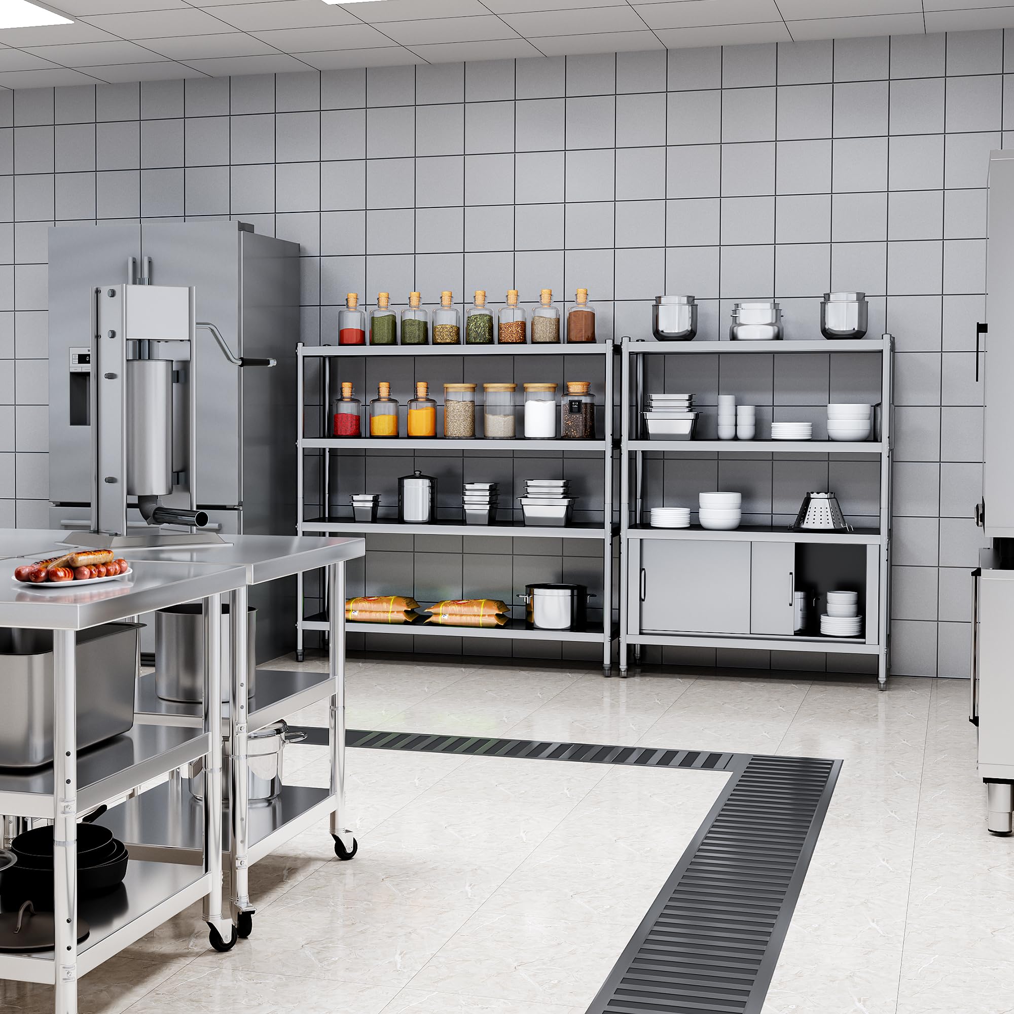 YITAHOME NSF Stainless Steel Shelves, 48"*18"*60" 4 Tier Storage Shelf with Cabinet, Heavy Duty Shelving for Kitchen Garage Office Restaurant Warehouse, 201 Bright Silver