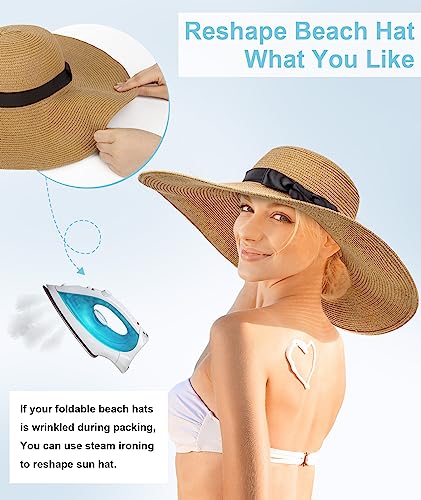 Beach Hats for Women, Wide Brim Sun Straw Hat Foldable Summer Floppy Hat UV Protection Cap, A-Khaki