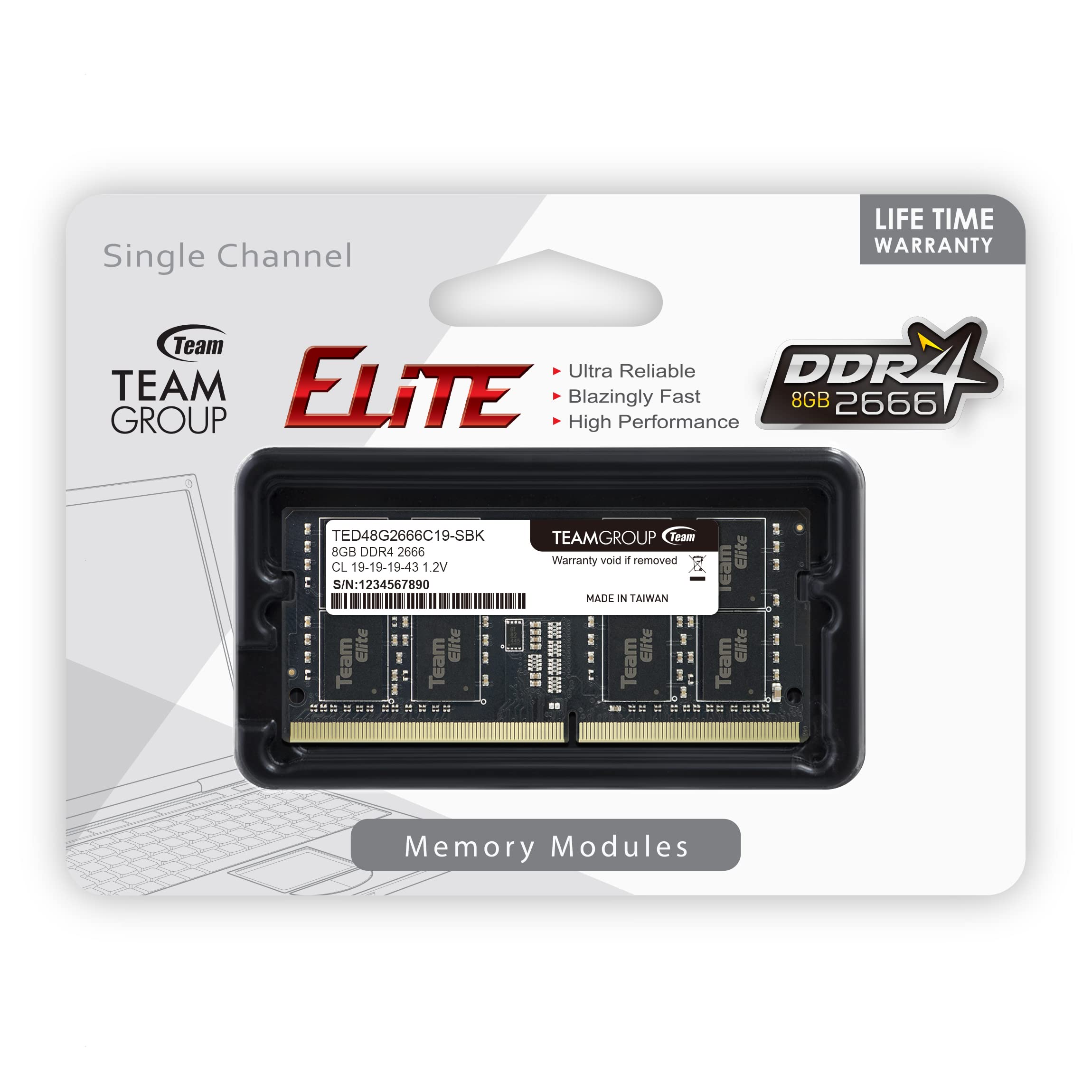 TEAMGROUP Elite DDR4 8GB Single 2666MHz PC4-21300 CL19 Unbuffered Non-ECC 1.2V SODIMM 260-Pin Laptop Notebook PC Computer Memory Module Ram Upgrade - TED48G2666C19-S01