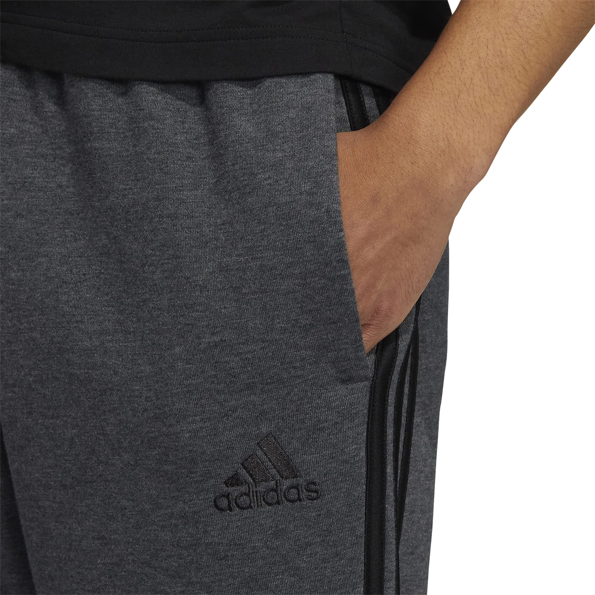adidas Men's Standard Essentials Fleece Tapered Elastic Cuff 3-Stripes Pants, Dark Grey Heather, Medium
