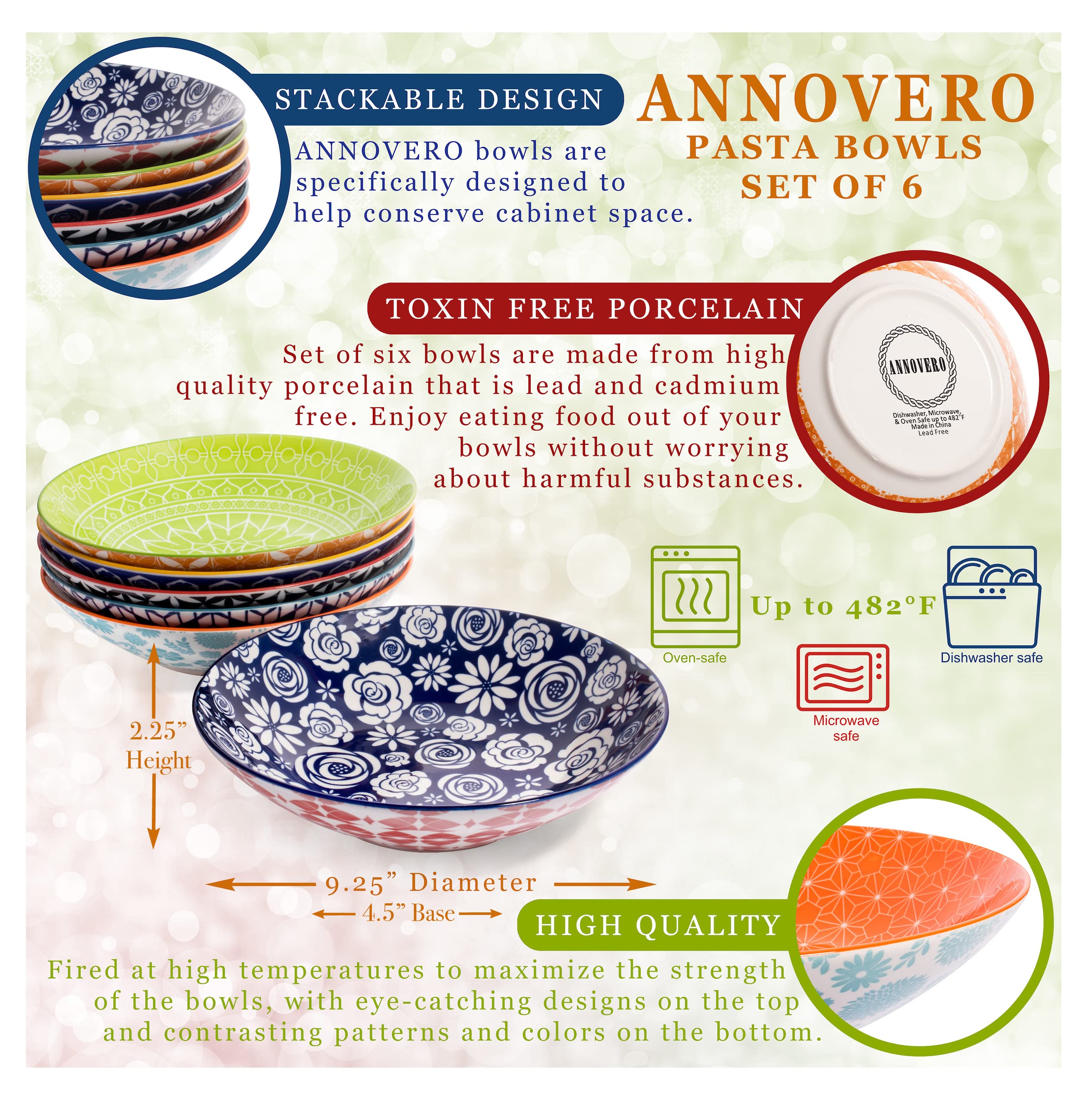 Annovero Cereal Bowls, Dessert Bowls, Pasta Bowls. Cute and Colorful Porcelain Dishes for Kitchen, Microwave and Oven Safe. Bundle