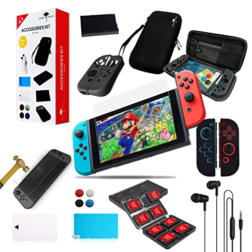 Ghost Manta 13 in 1 Accessories Kit Compatible with Nintendo Switch Earphone, Carry Bag, Tempered Glass, Game Card Storage, 2 Silicon Case, 4 Thumb Grips