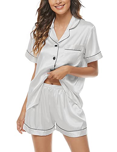 Eilshoji Pajamas for Women Shorts Set, 2 Piece Satin Silk Sleepwear Pj Lounge Sets (White,M)