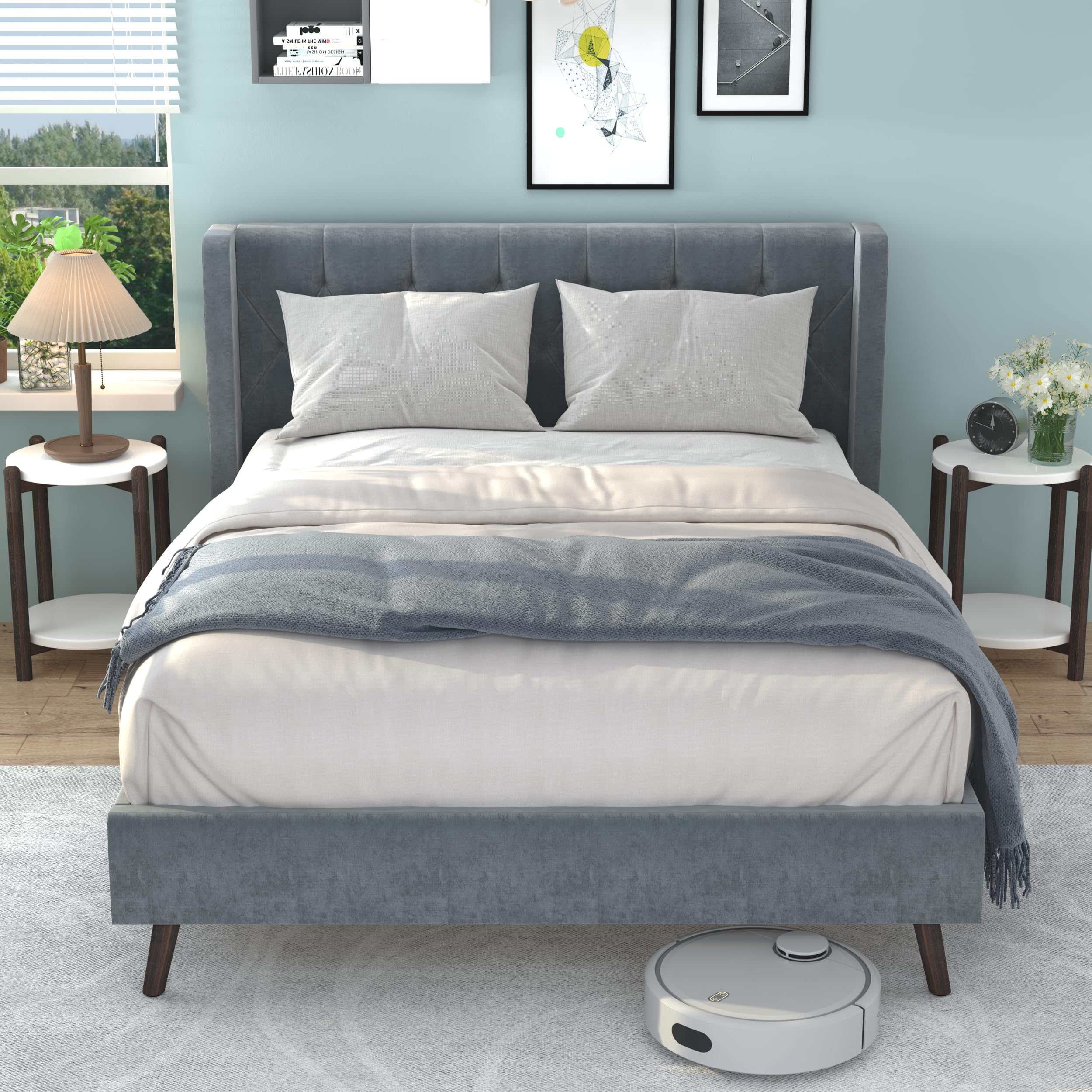 Chenoa Upholstered Full Size Bed Frame Tufted Platform Bedframe with Wingback Headboard, Wood Slat Mattress Foundation, No Box Spring Needed, Noise-Free and Non-Slip, Easy Assembly, Light Gray