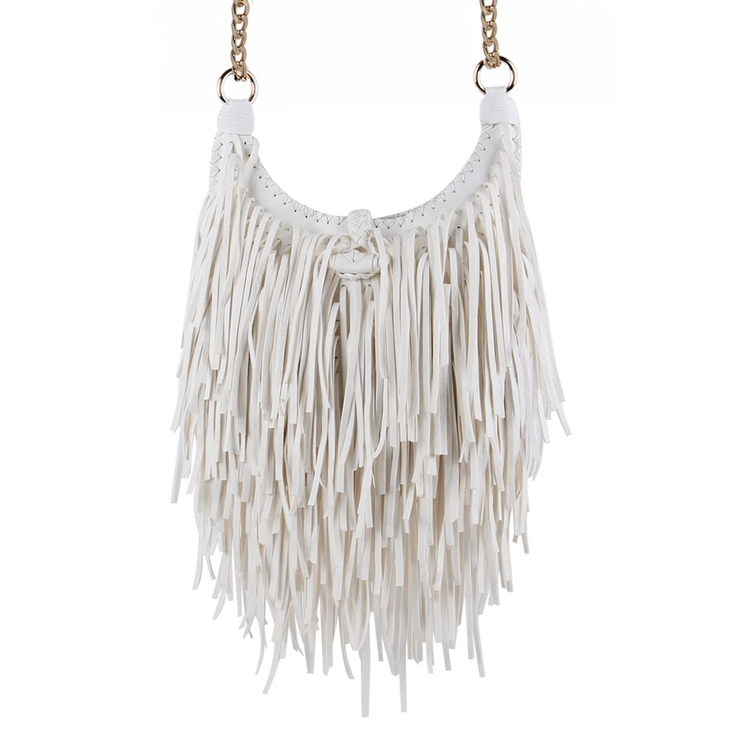 LUI SUI Women's Fringed Faux Suede Leather Cross Body Bag Chain Shoulder Bag Tassel Handbag (White)