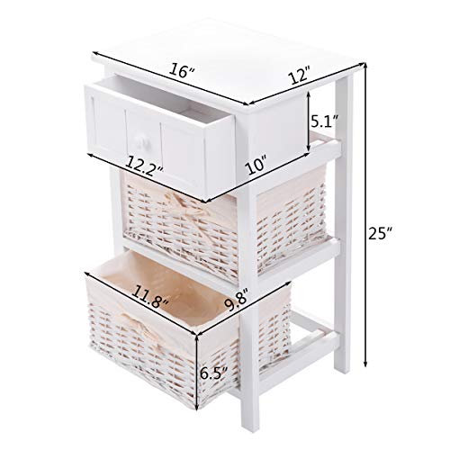 Giantex Nightstand with Drawers Wooden, W/ 2 Storage Baskets and Open Shelf for Bedroom, Bedside Sofa End Table (1, White)