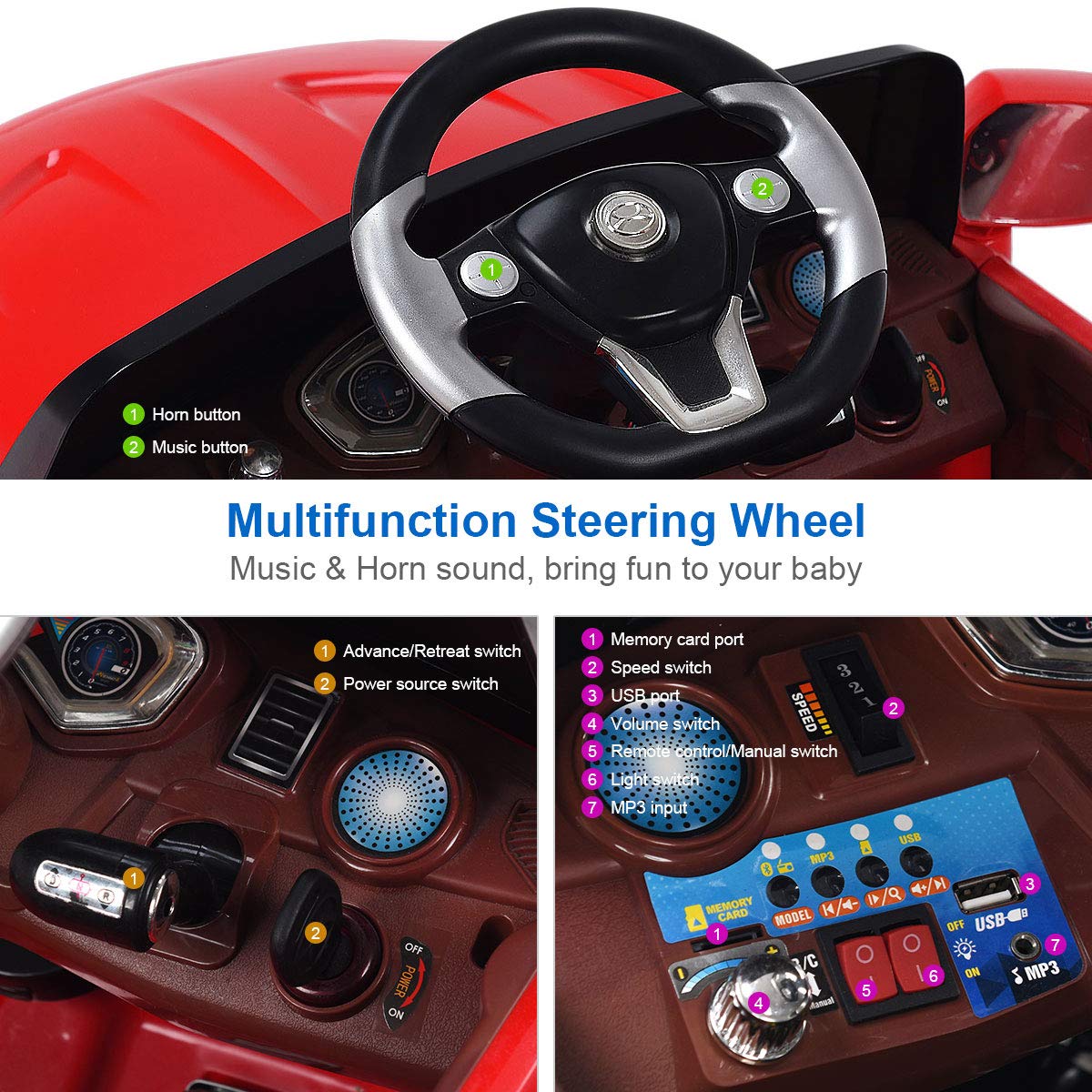 Costzon Kids Ride On Car, 6V RC Parental Remote Control & Foot Pedal Manual Modes, Battery Powered Vehicle w/LED Lights MP3 Functions, White