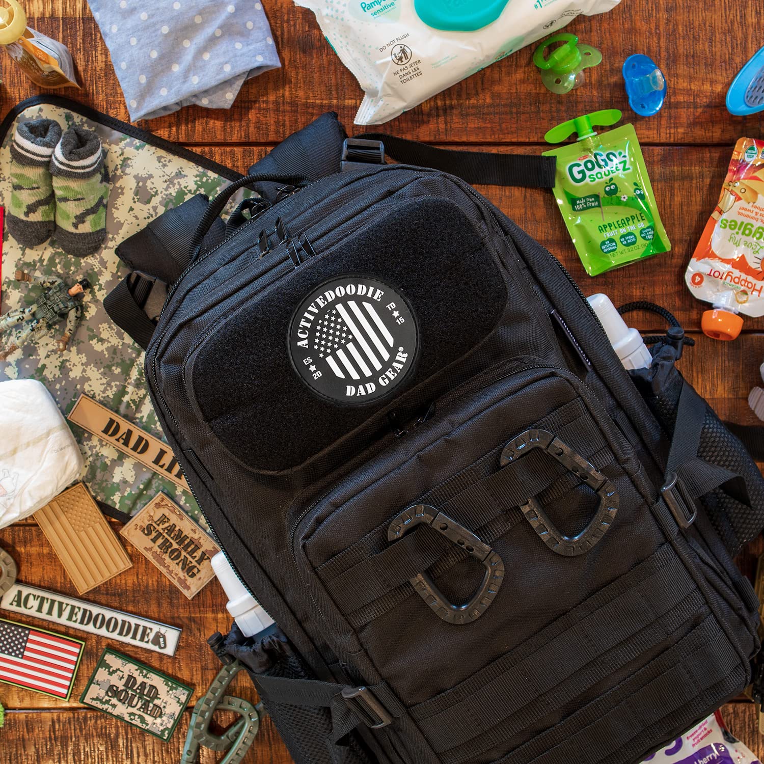 ActiveDoodie Dad Diaper Bag Combo with 8 Morale Patches, Camo Changing Pad, Insulated Bottle Holders, Diaper Bag for Dad