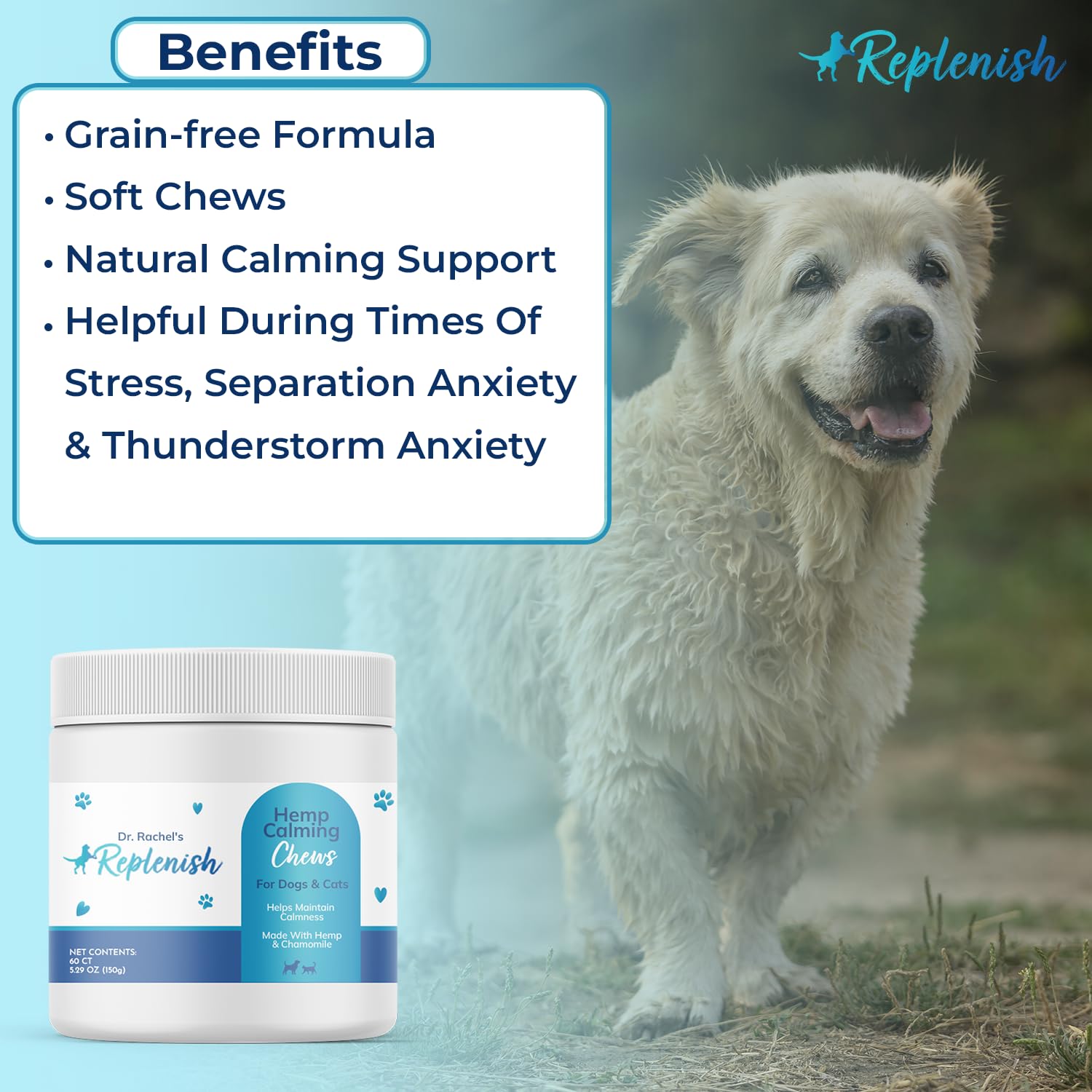 Replenish Hemp Calming Chews for Dogs and Cats - Dr. Rachel's Dog Calming Treats, Soothing Botanicals, Grain-Free, Anxiety Relief, Stress Support - 60 Count