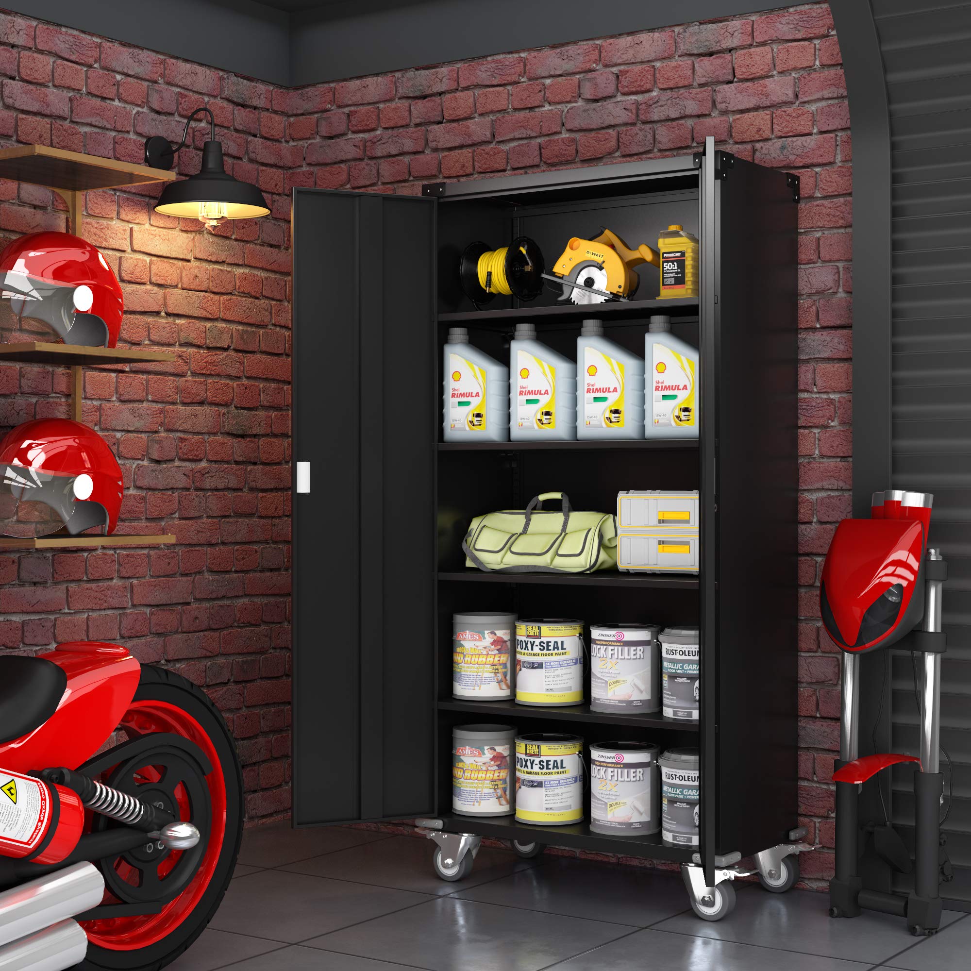 Aobabo Locking Metal Cabinet w/Wheels, Shelves, Utility & Garage Storage, 72”, Black