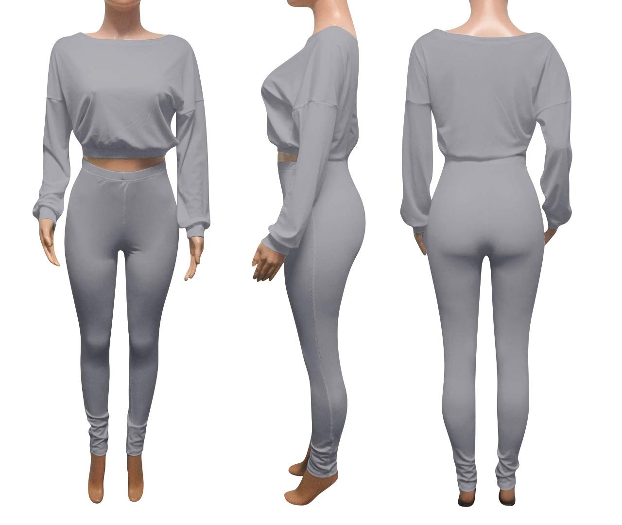 Annystore Women Casual 2 Piece Tracksuit Outfit Ribbed Pullover Crop Tops High Waisted Long Pants Jogger Sets Sweatsuit Grey M