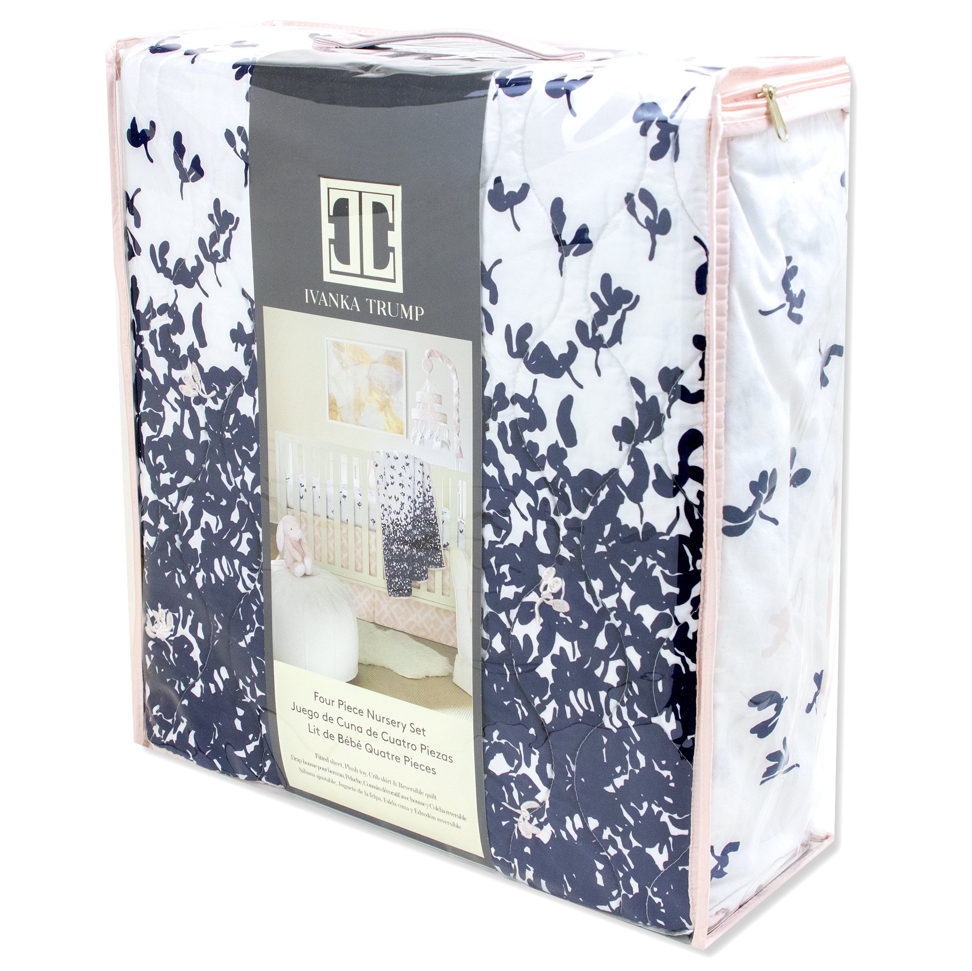 Ivanka Trump Wildflower Collection: 4pc Nursery Bedding Baby Crib Bedding Set - Pink/White/Navy Crib Bedding with Pink Plush Bunny