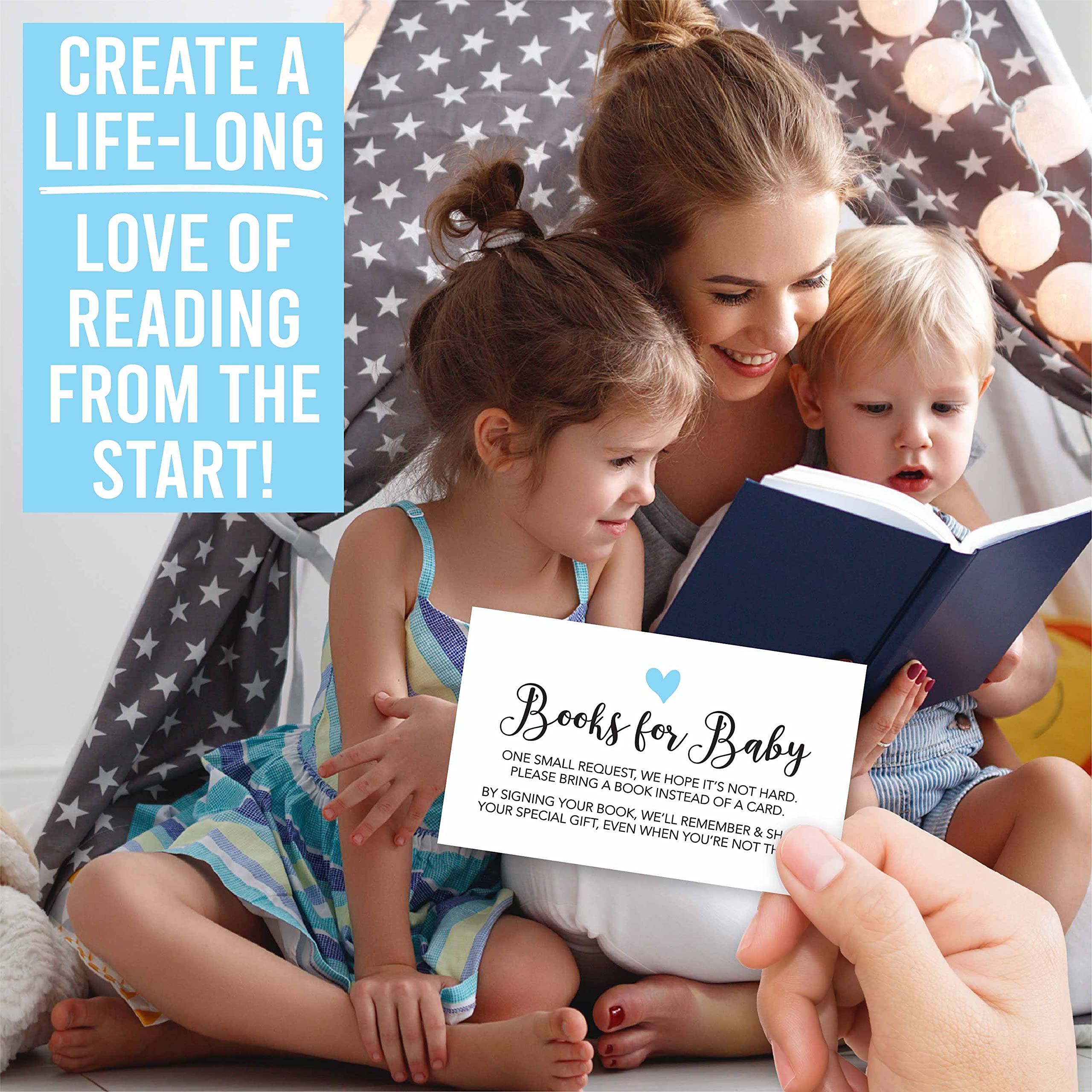 Hadley Designs 25 Books For Baby Shower Request Cards - Blue Baby Shower Invitation Inserts, Book Request Baby Shower Guest Book Alternative, Bring A Book Instead Of A Card for Boys