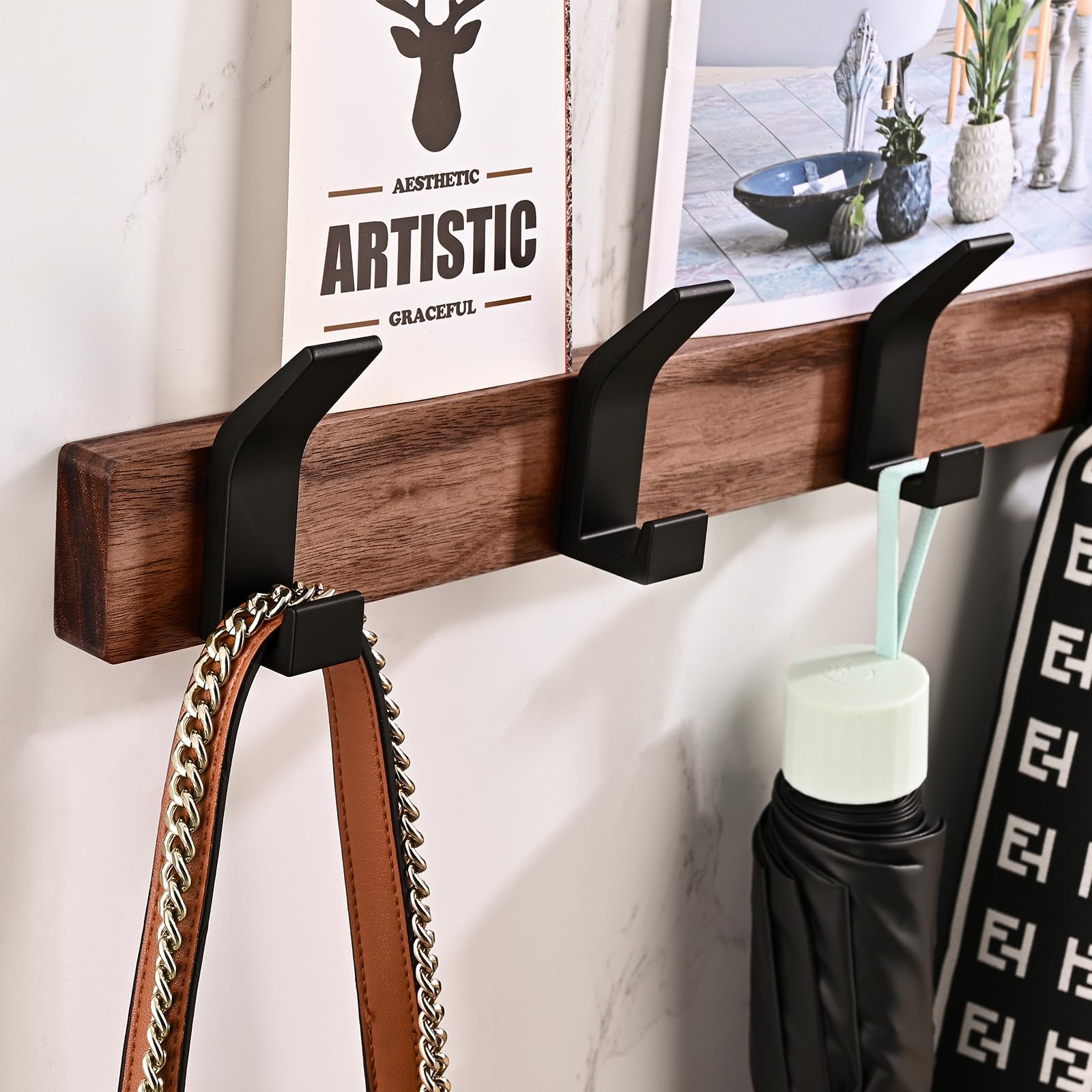 Jadorn Coat Rack Wall Mount - 15.7 Inches Walnut Wood Coat Hooks Coat Rack Wall Mount with 4 Hooks Black Aluminum Coat Hooks for Hanging Coat Hat Bag Hat Rustproof Coat Hanger