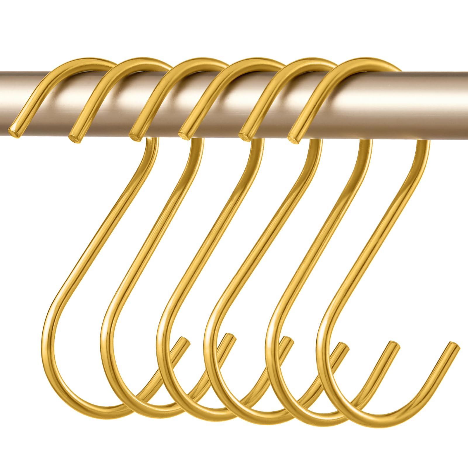 Airesly 6 Pack S Hooks Heavy Duty Brass & Copper Gold S Hooks - Gold Coat Hangers for Clothes, Brass Hooks for Towels, Kitchen Pots & Pans, Coffee Cups, Bird Feeders & Plants(Brass Gold)