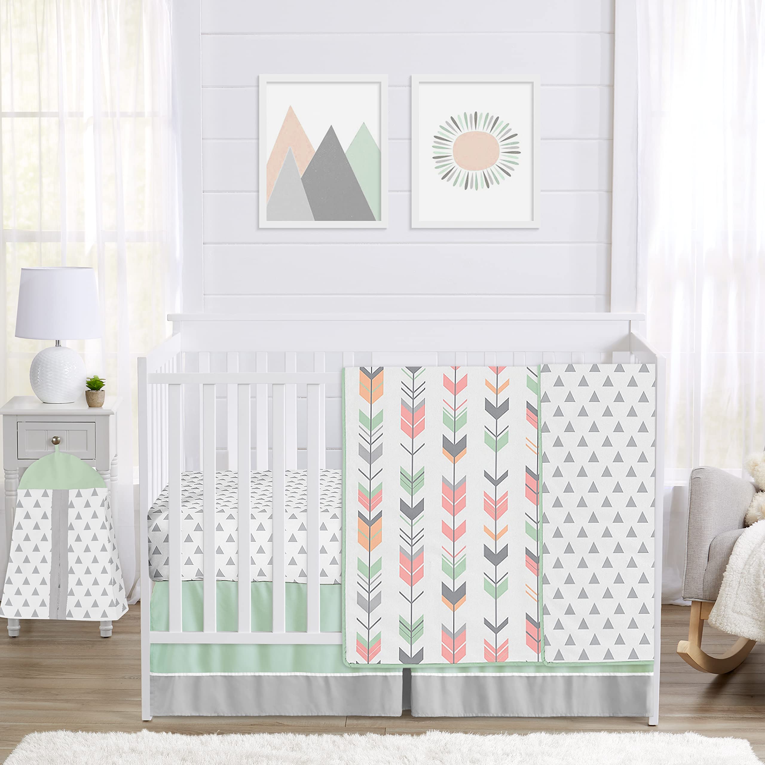 Grey, Coral and Mint Woodland Arrow 4 Piece Girls Crib Bed Bedding Set