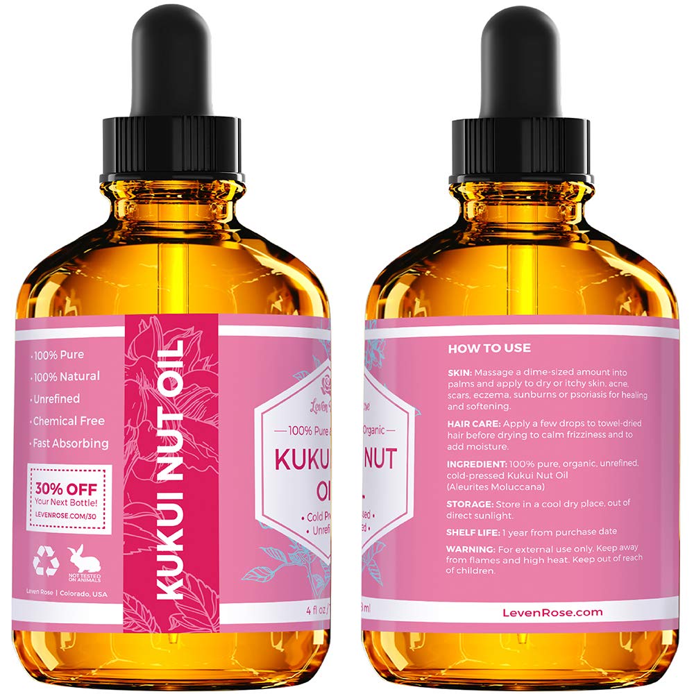 Leven Rose Kukui Nut Oil 4 oz – Cold-Pressed and Unrefined Hair & Face Moisturizer with Dropper – Unscented Pure Face Oil for Women and Men – Nourishing & Moisturizing for All Skin Types