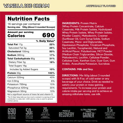 BSN TRUE-MASS Weight Gainer, Muscle Mass Gainer Protein Powder, Vanilla Ice Cream, 5.82 Pound
