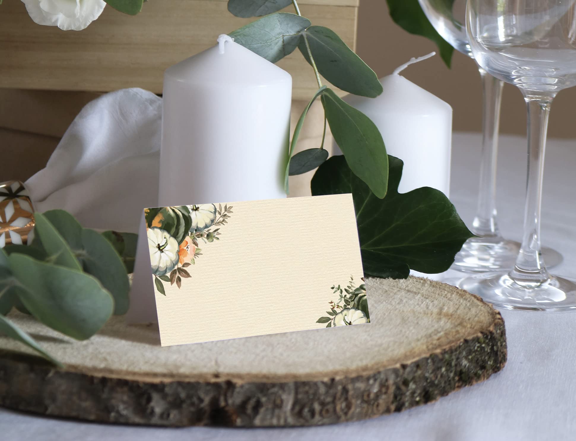 Desert Mercantile Fall Harvest Pumpkin Place Cards - 25 pack β Tented Tabler Cards for Thanksgiving Table Decor, Autumn Weddings, Holiday Buffets, Dinner Parties, or Place Settings. 2"x3.5" (folded).
