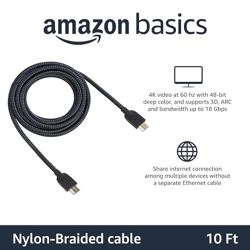 Amazon Basics 5-Pack HDMI Cable, 18Gbps High-Speed, 4K@60Hz, 2160p, Nylon-Braided Cord, Ethernet Ready, 10 Foot, Nylon