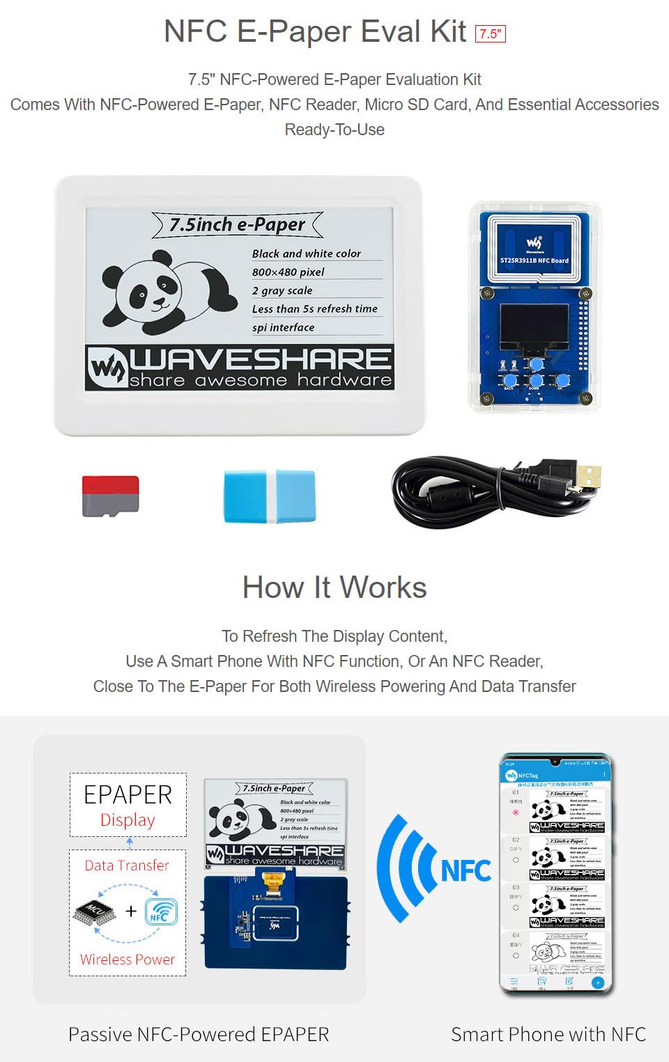 Waveshare 7.5inch NFC e-Paper Eval Kit Bundle with 7.5inch NFC-Powered e-Paper ST25R3911B NFC Board Micro Card 16GB Micro Card Reader USB-A to Micro-B Cable(5 Items)