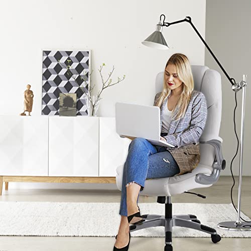 Managerial and Executive Office Chair,Ergonomic White PU Leather Office Desk Chair,Diamond Stitched High Back Swivel Task Chair with Rocking Function,Adjustable Flip-up Armrests Computer Chair