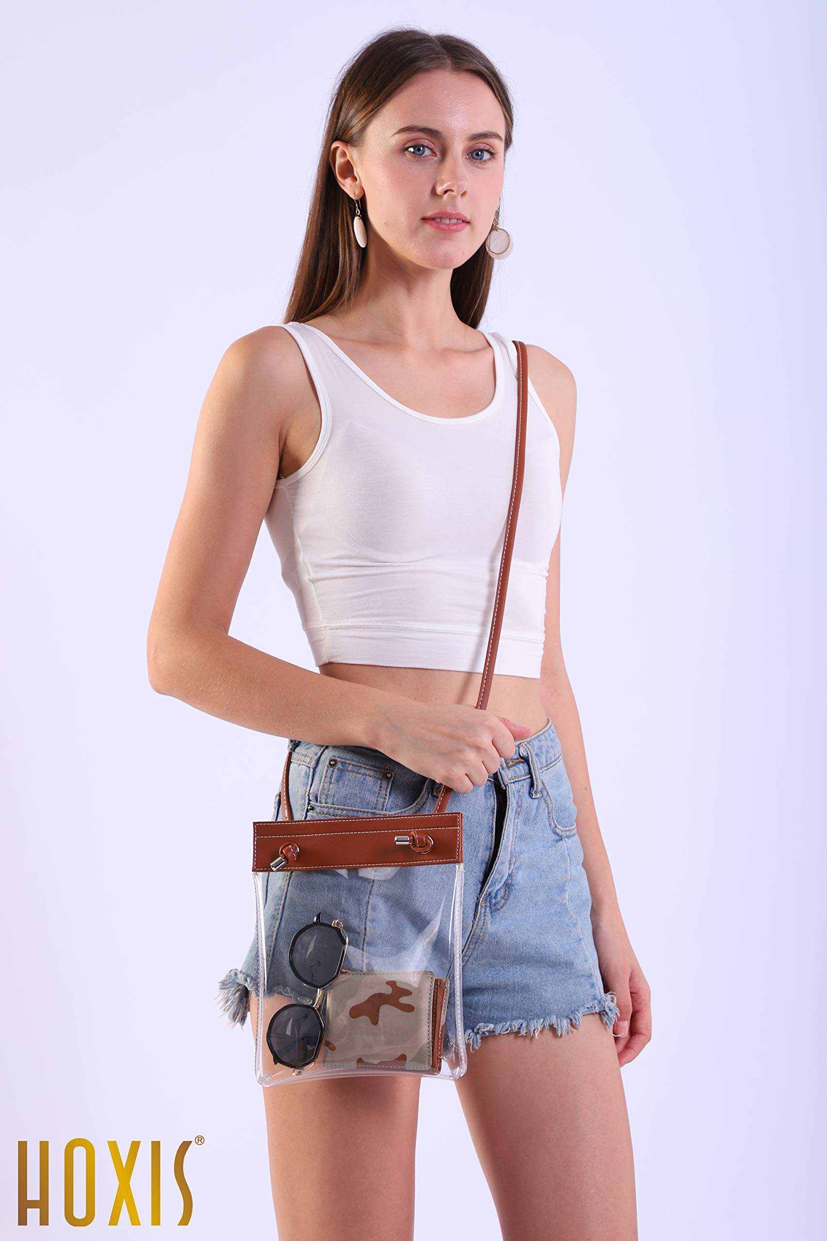 Clear Flat Cross Body Bag Women Single Shoulder Bag for Stadium Approved (Brown)