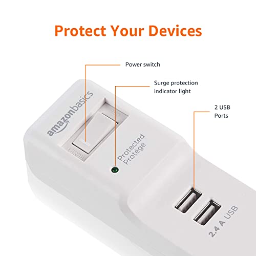 Amazon Basics 6-Outlet Surge Protector Power Strip, 2 USB Ports, 2 Ft Cord - 500 Joule, White, 2-Pack
