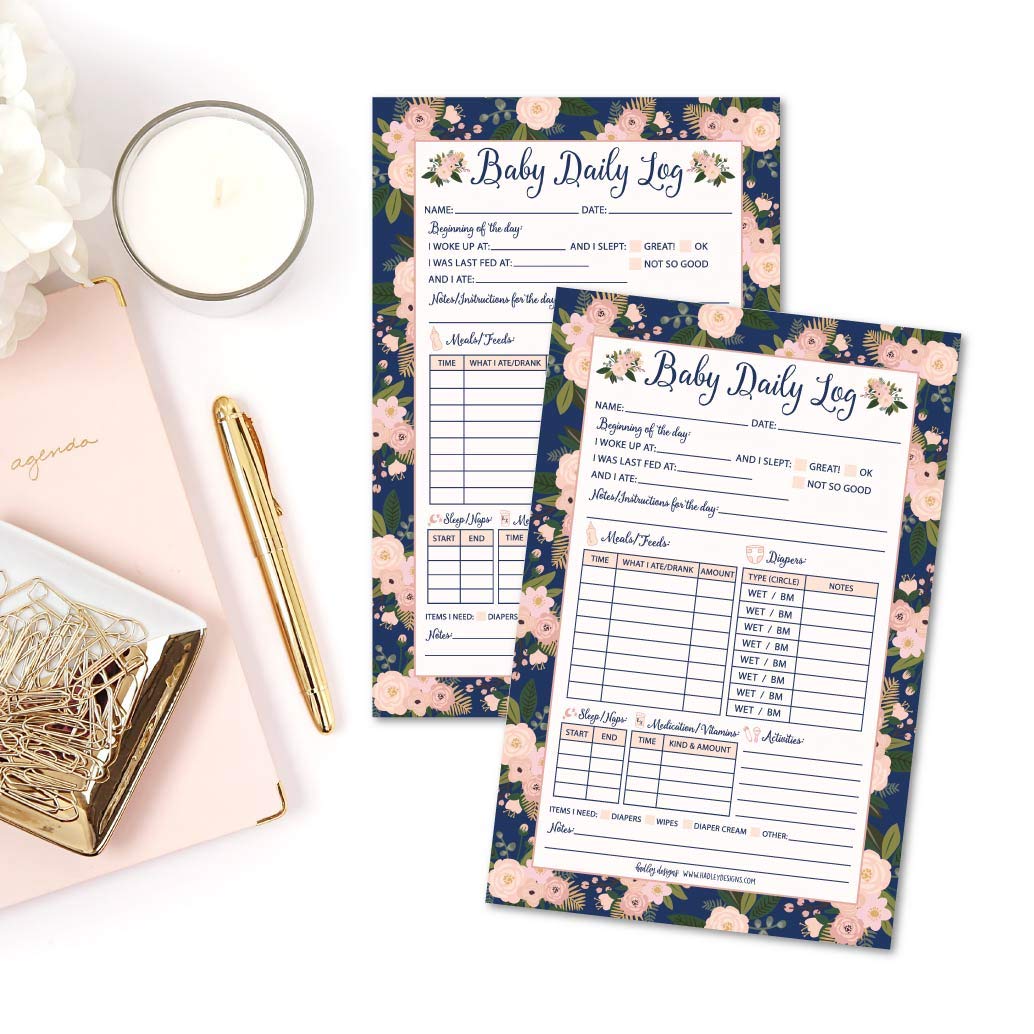 Hadley Designs - Nanny Newborn Baby or Toddler Log Tracker Journal Book, Daily Schedule Feeding Food Sleep Naps Activity Diaper Change Monitor Notes For Babies - 50 Sheet Pad