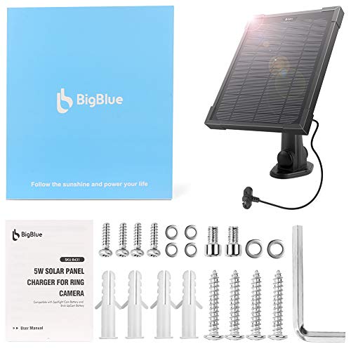 BigBlue Ring Solar Panel, 5W Solar Panel Compatible with Ring Spotlight Cam Battery and Ring Stick Up Cam Battery, Monocrystalline Silicon Solar Trickle Charger for Ring Cameras, 5V/1A, Black