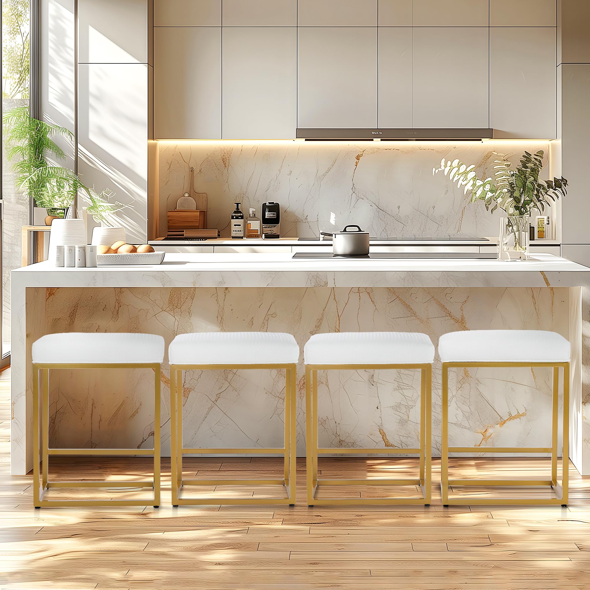 ALPHA HOME 24 Inch Counter Height Bar Stools Set of 3, Upholstered Bar Stools for Kitchen Island, Counter Stools with Faux Leather Cushion and Sturdy Metal Frame, Modern Barstools, White and Gold