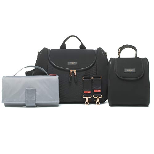 Poppy Luxe Black Scuba Shoulder and Stroller Bag with Rose Gold Hardware by Storksak | Universal Fit, Large Storage Capacity, Water Resistant Converting Diaper Backpack with Integrated Accessories