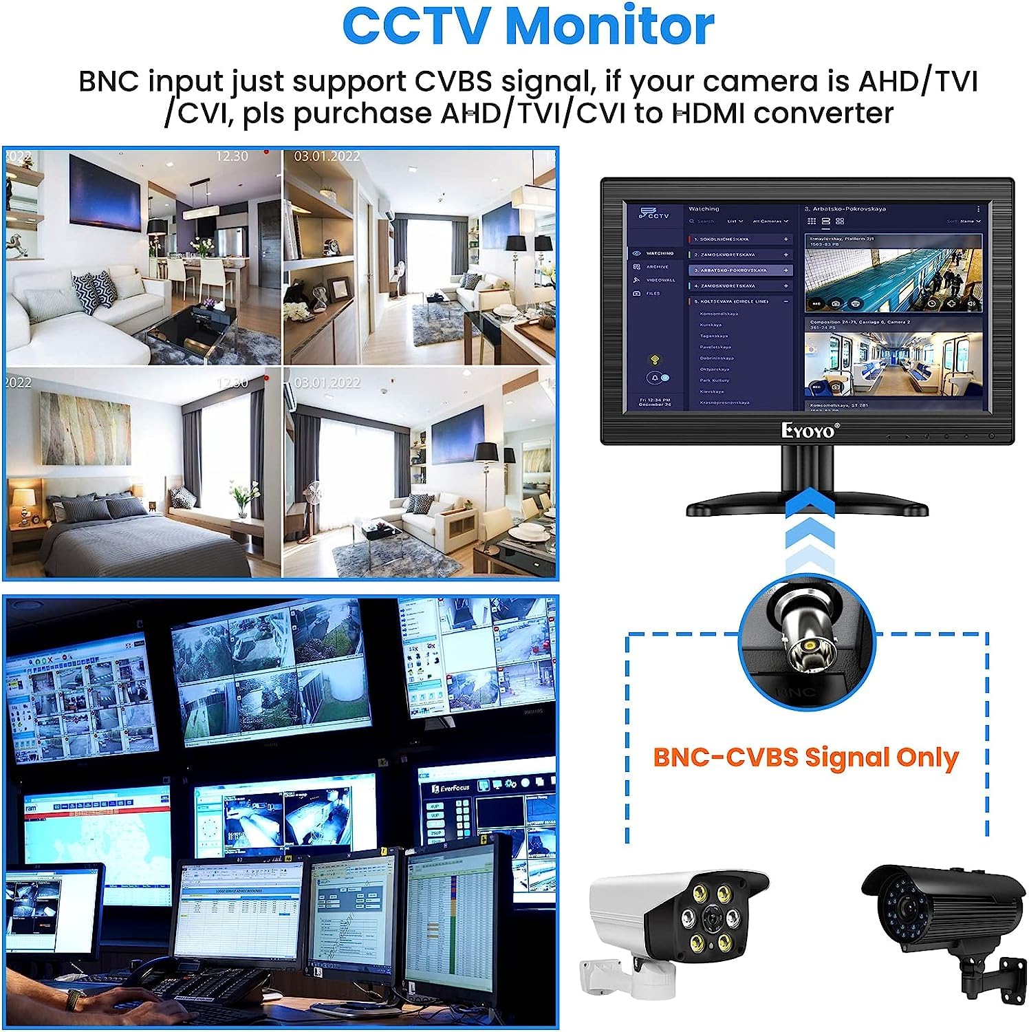 Eyoyo 12" Inch TFT LCD Monitor with AV HDMI BNC VGA Input 1366x768 Portable Mini HD Color Screen Display with Built-in Speaker