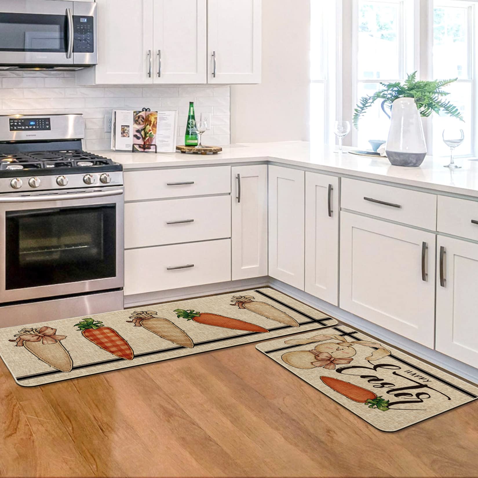Artoid Mode French Stripes Bunny Doll Carrots Easter Kitchen Mats Set of 2, Home Decor Low-Profile Kitchen Rugs for Floor - 17x29 and 17x47 Inch
