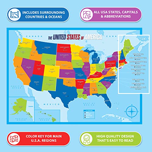 Classroom Wall Posters - Solar System, Periodic Table, World Map & USA Maps for Kids - Visual Learning Aid for Children and Schools - Laminated & Durable