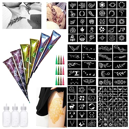 6 Pages Total 110 Tattoo Pattern Stickers Stencils，6 Pcs 3 Color Temporary Tattoo Kit，3 Bottles, 12 Nozzles, Blcak, Red, Brown