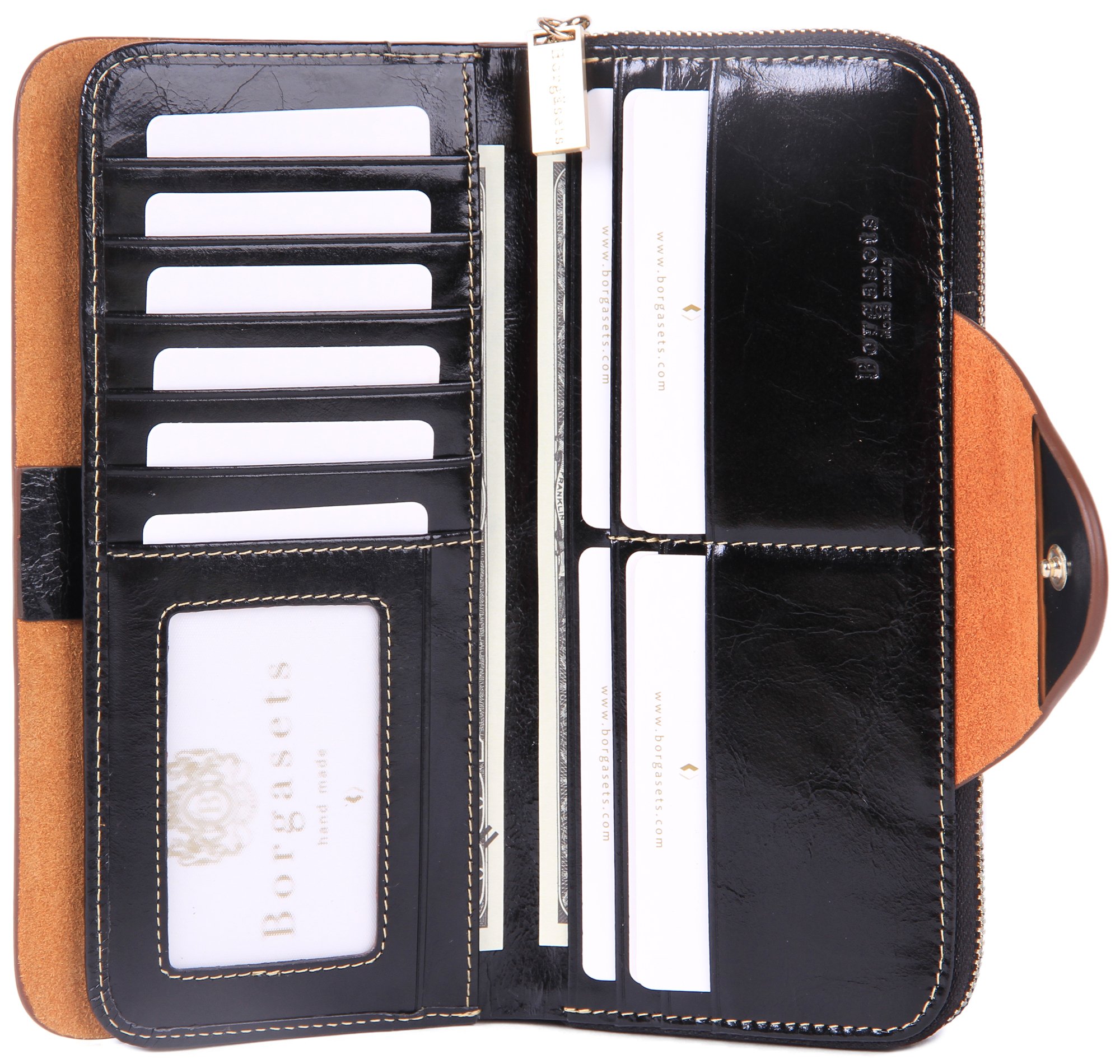 Borgasets RFID Blocking Large Capacity Wax Real Leather Clutch Wallet Card Holder Purse for Women, Black