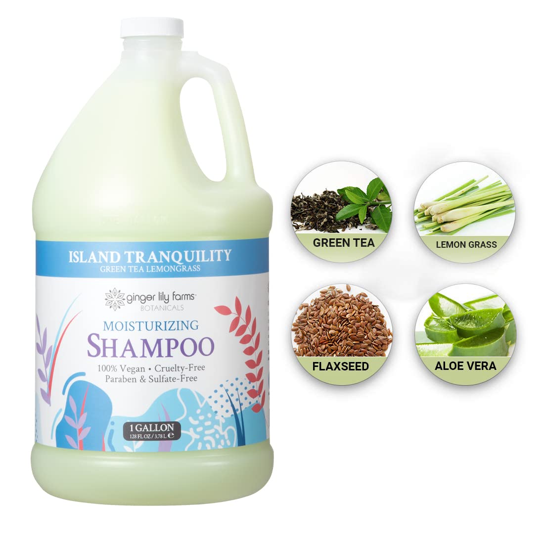 Ginger Lily Farms Botanicals Moisturizing Shampoo for All Hair Types, Island Tranquility, 100% Vegan & Cruelty-Free, Green Tea Lemongrass Scent, 1 Gallon (128 fl oz) Refill