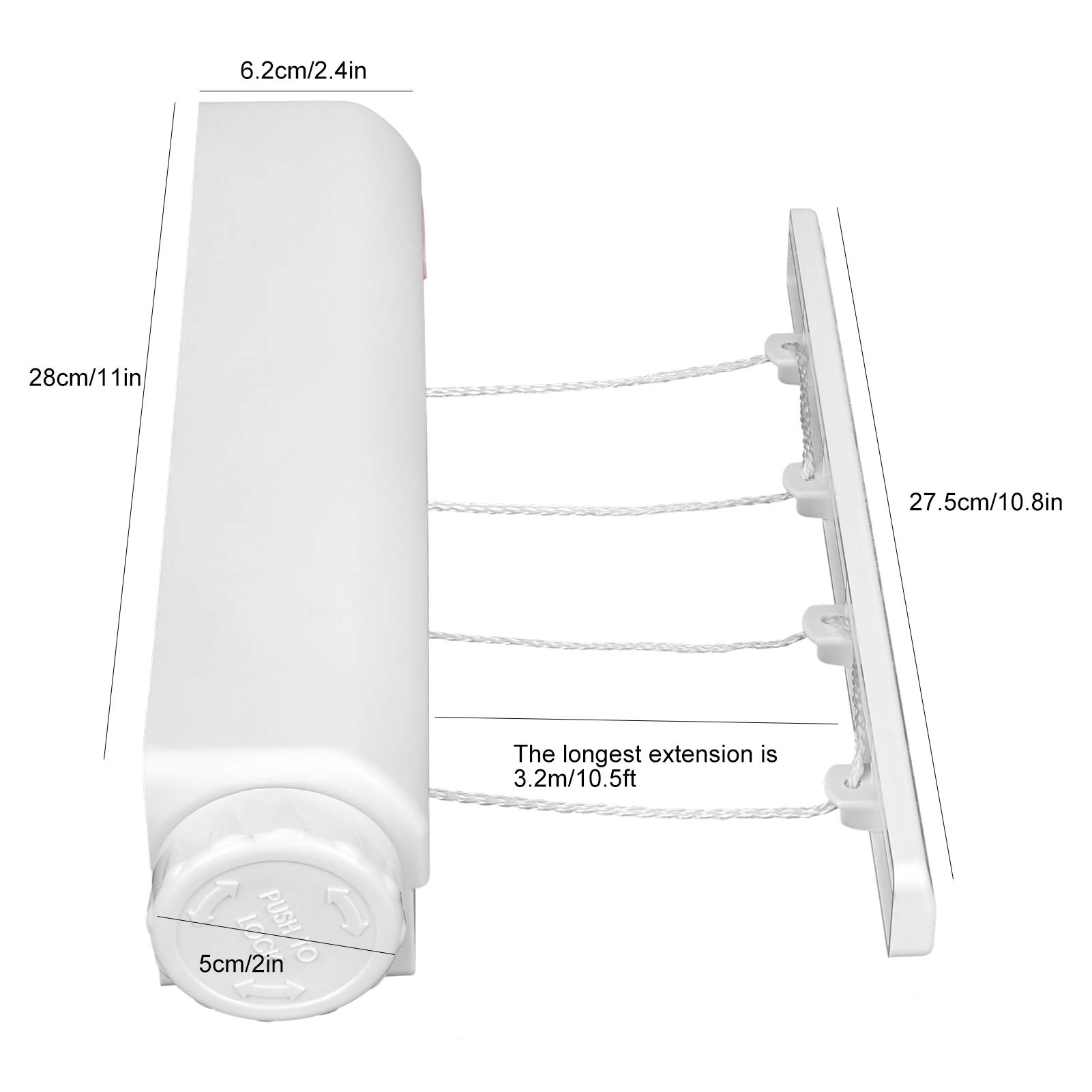Retractable Clothesline, Indoor Outdoor Extendable Washing Line Rope Clothes Drying Rack Wall Mounted Laundry Dryer Ropes for Hotels Terraces Balconies (3.2m/10.5ft, Four Ropes)