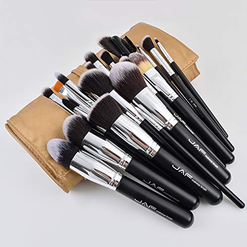 JAF 24pcs Professional Black Makeup Brushes Set with Case Vegan Synthetic Make Up Brushes Set in Gold Bag Holder Cosmetic Big Makeup Brushes & Tools Kit for Face Contour Foundation - J2404YC-B