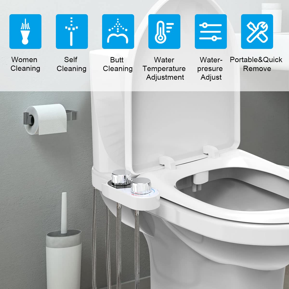 Bidet Attachment for Toilet, Dual Nozzle Sprays Adjustable Hot&Cold Water, Self-Cleaning and Retractable Nozzle, Toilet Seat Bidet Attachment for Rear, Feminine Wash