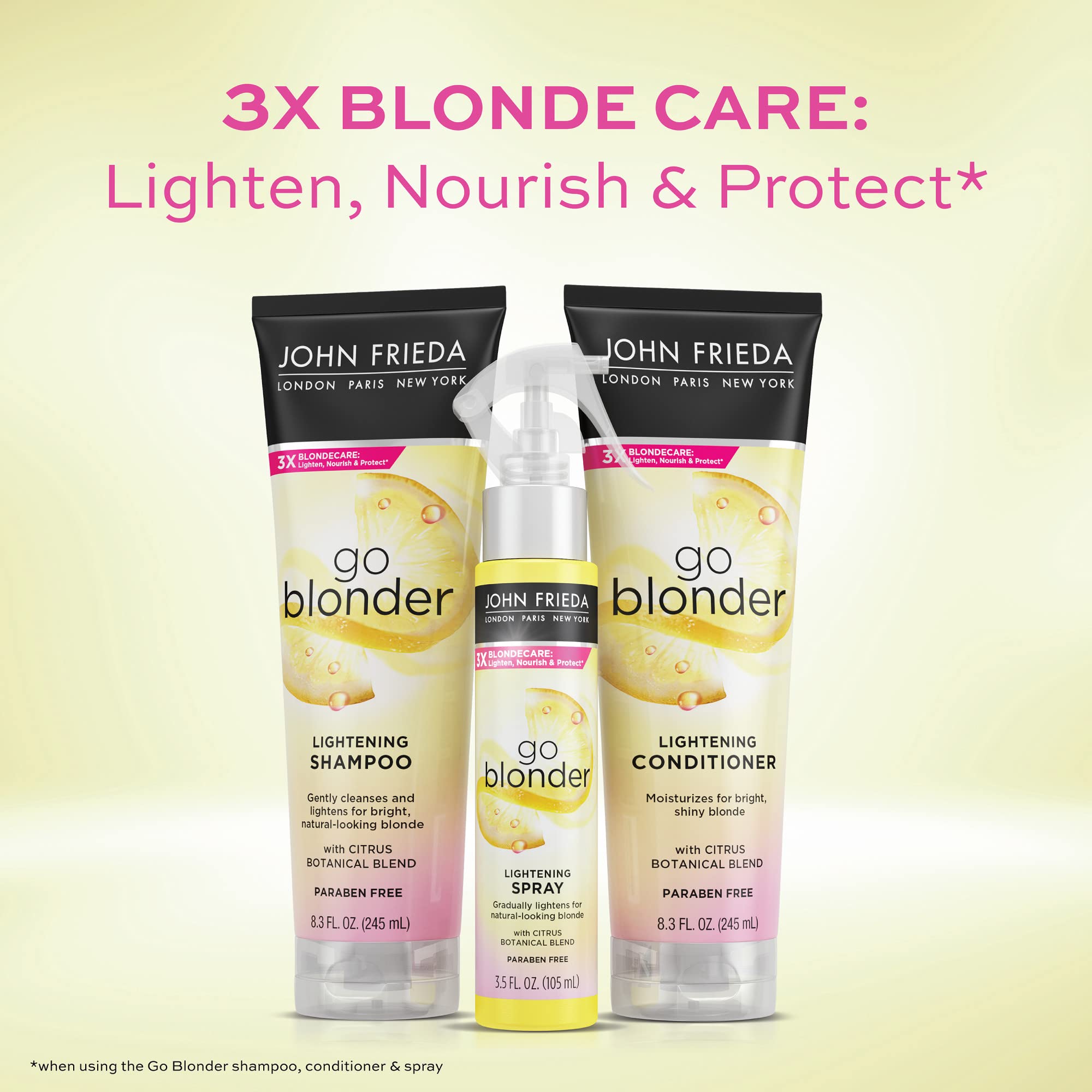 John Frieda Go Blonder Lightening Shampoo for Blonde Color-Treated Hair, Paraben, Phthalate, Silicone and Ammonia Free, Cruelty Free, Vegan Friendly Shampoo 8.3 oz Bottle