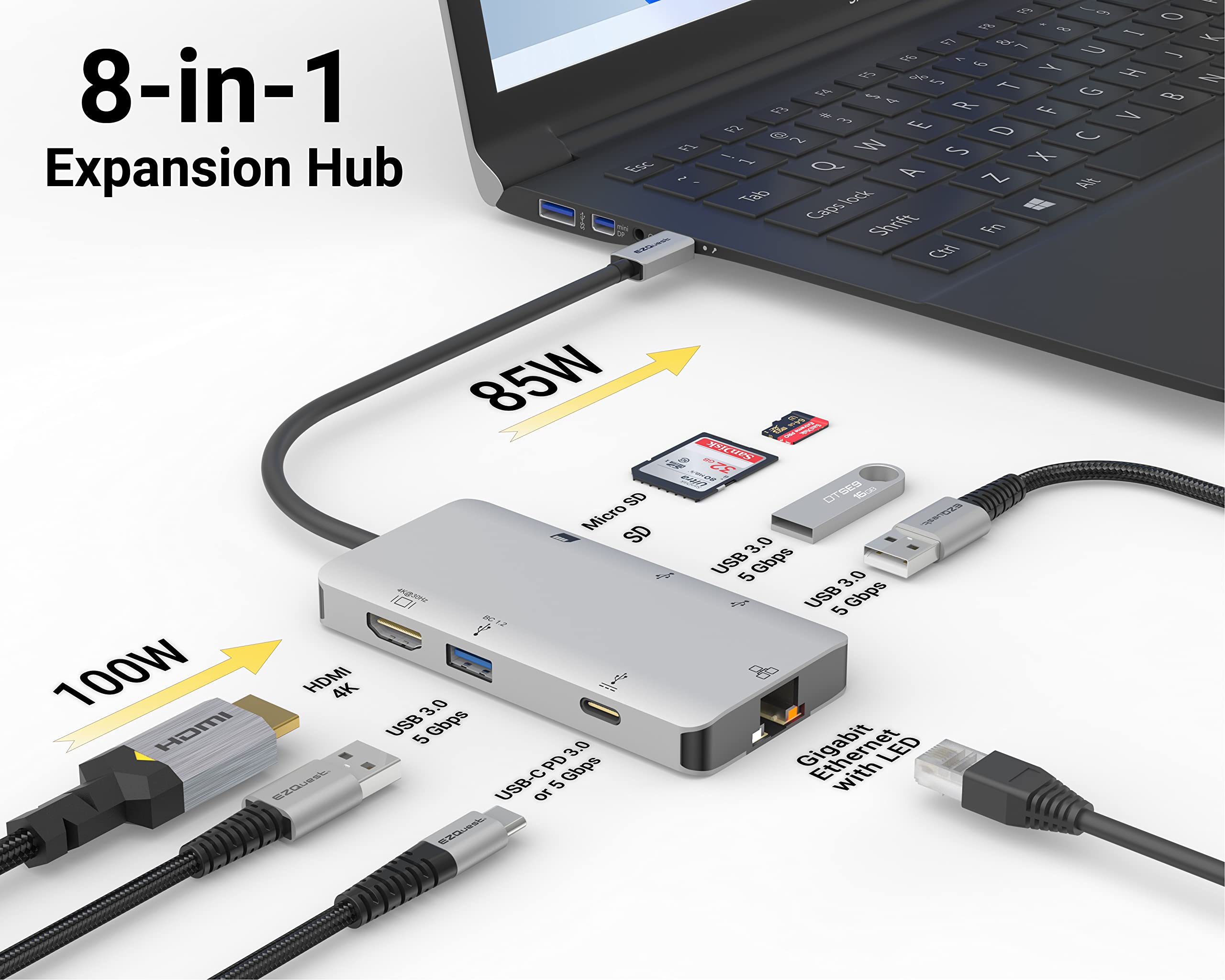 EZQuest USB C Hub Docking Station 8 in 1 with 4K HDMI, 1 Gbit Ethernet, 3 USB A 3.0 Ports, 1 USB-C PD/Data, SD/Micro SD for Work and Travel, Compatible with MacBook/Dell/HP/Lenovo/Laptops