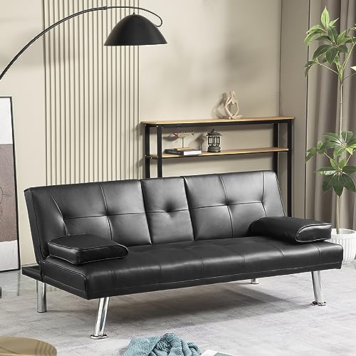 Convertible Sofa Bed Adjustable Couch Sleeper Modern Home Recliner Reversible Loveseat Folding Daybed Guest Bed for Living Room,PU,2 Cup Holders,3 Angles,Metal Legs,600lb Capacity