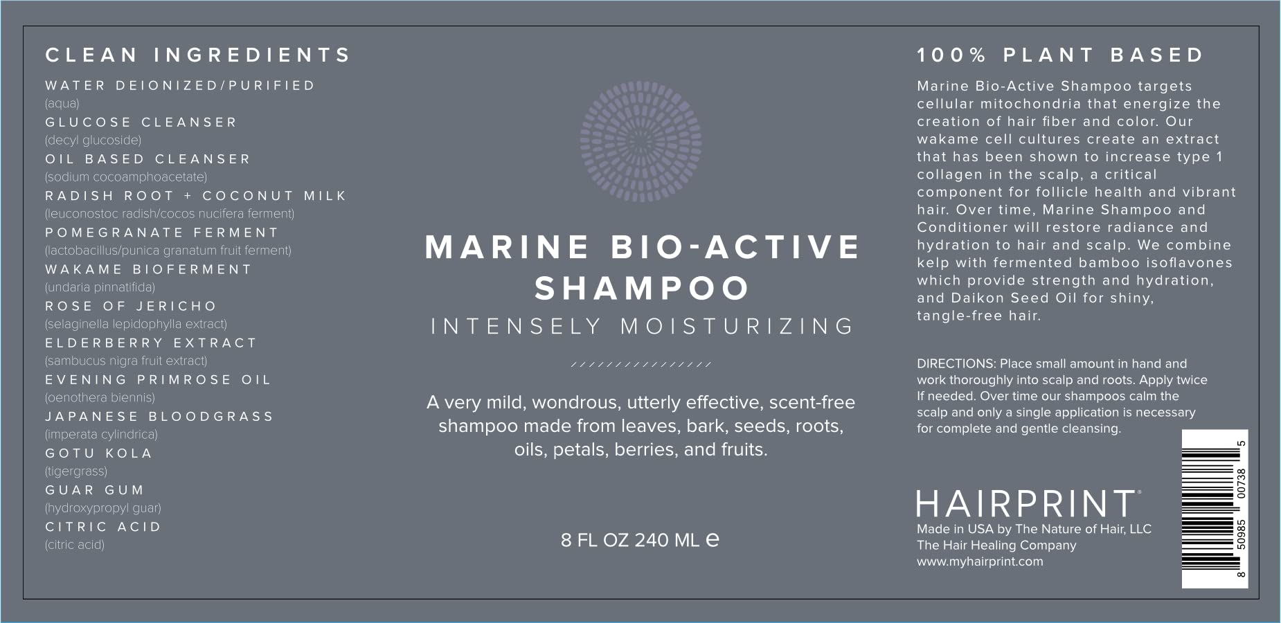 Hairprint - Natural Plant-Based Marine Bio-Active Shampoo - Intensely Moisturizing | Clean, Non-Toxic Haircare (8 fl oz | 240 ml)