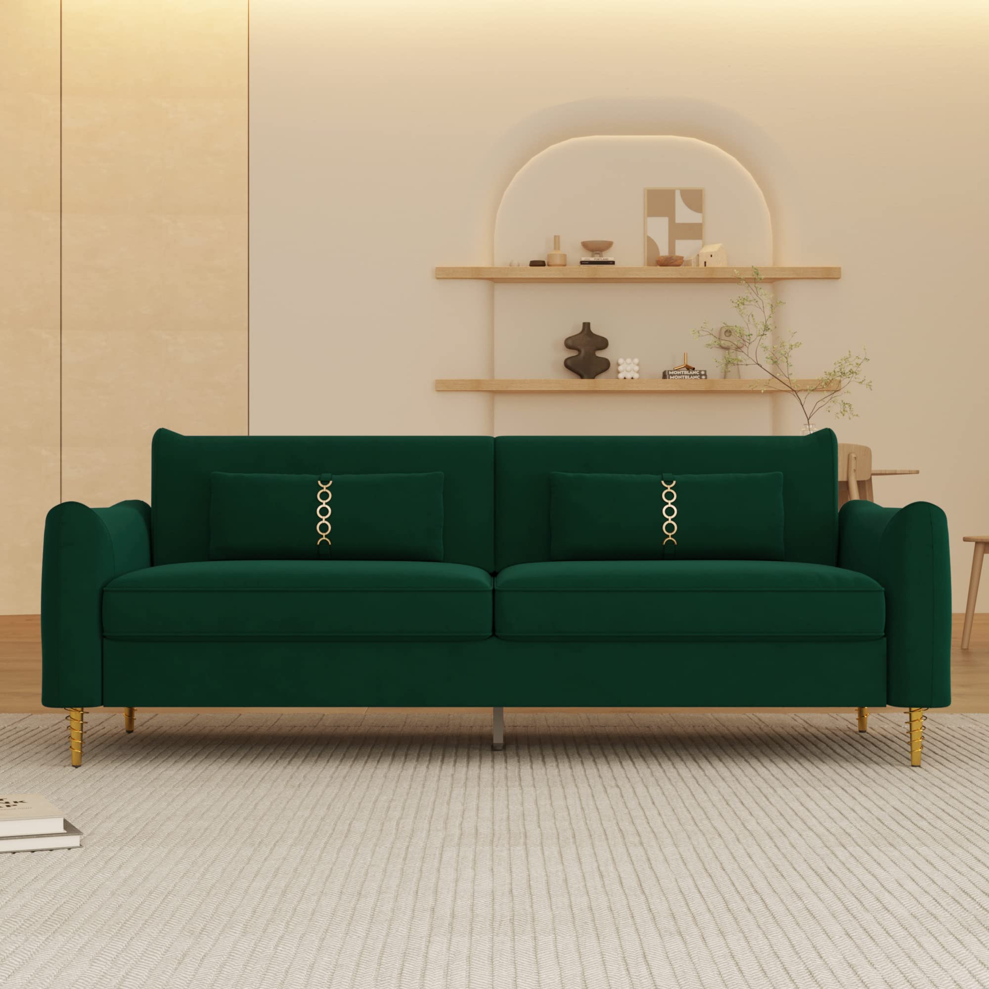 ANTTYBALE 85.43" Modern Sofa,Velvet 3 Seats Couch Easy Assemble,Sofa Bed with 2 Pillows & Gold Metal Legs for Living Room,Bedroom (Black)