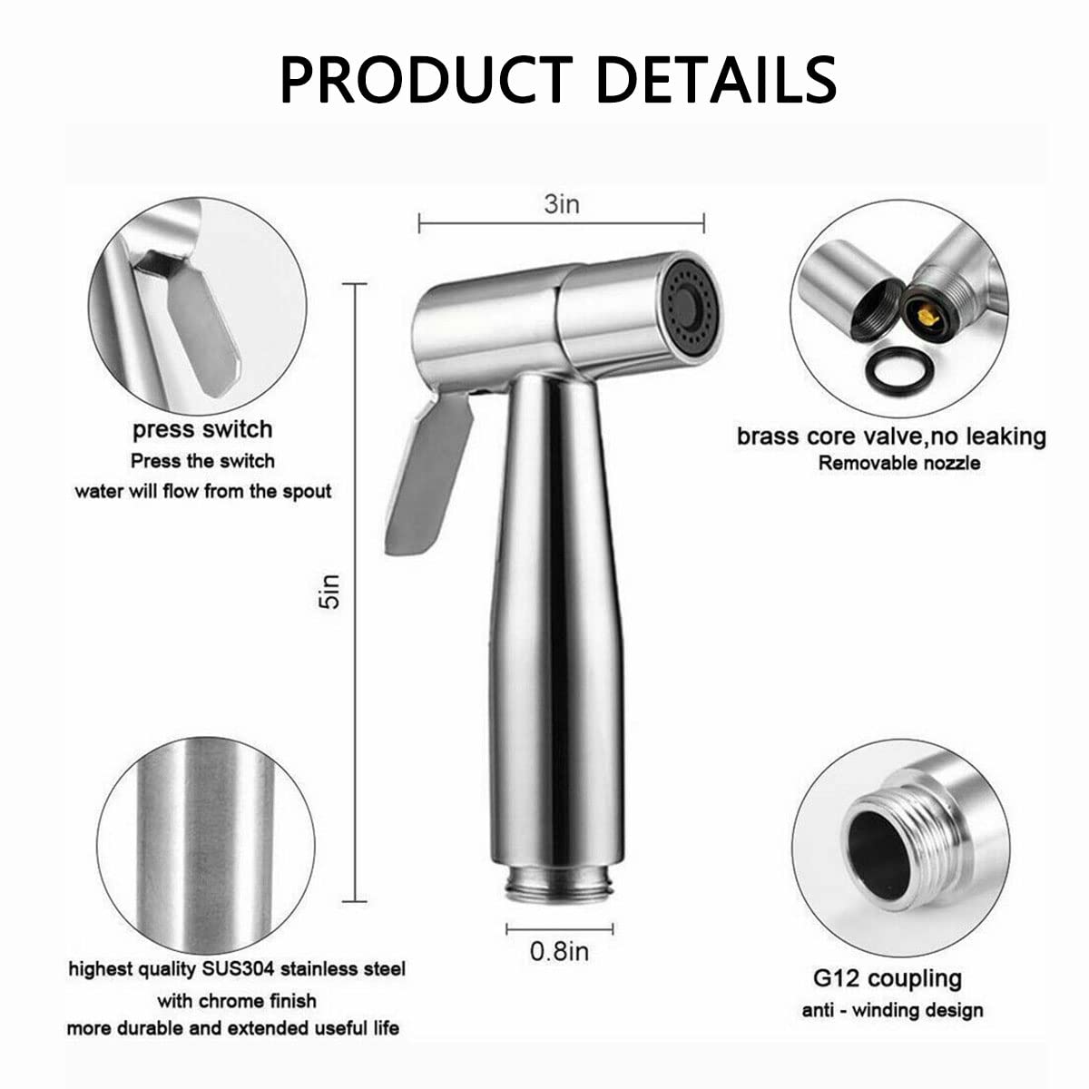 BlitzBite Handheld Bidet Sprayer,Toilet or Wall Mounted leaking Hose, Multi-function Shower 304 Stainless Steel Material with Bidet Hose Feminine Wash, for Baby Pets Wash, Silver